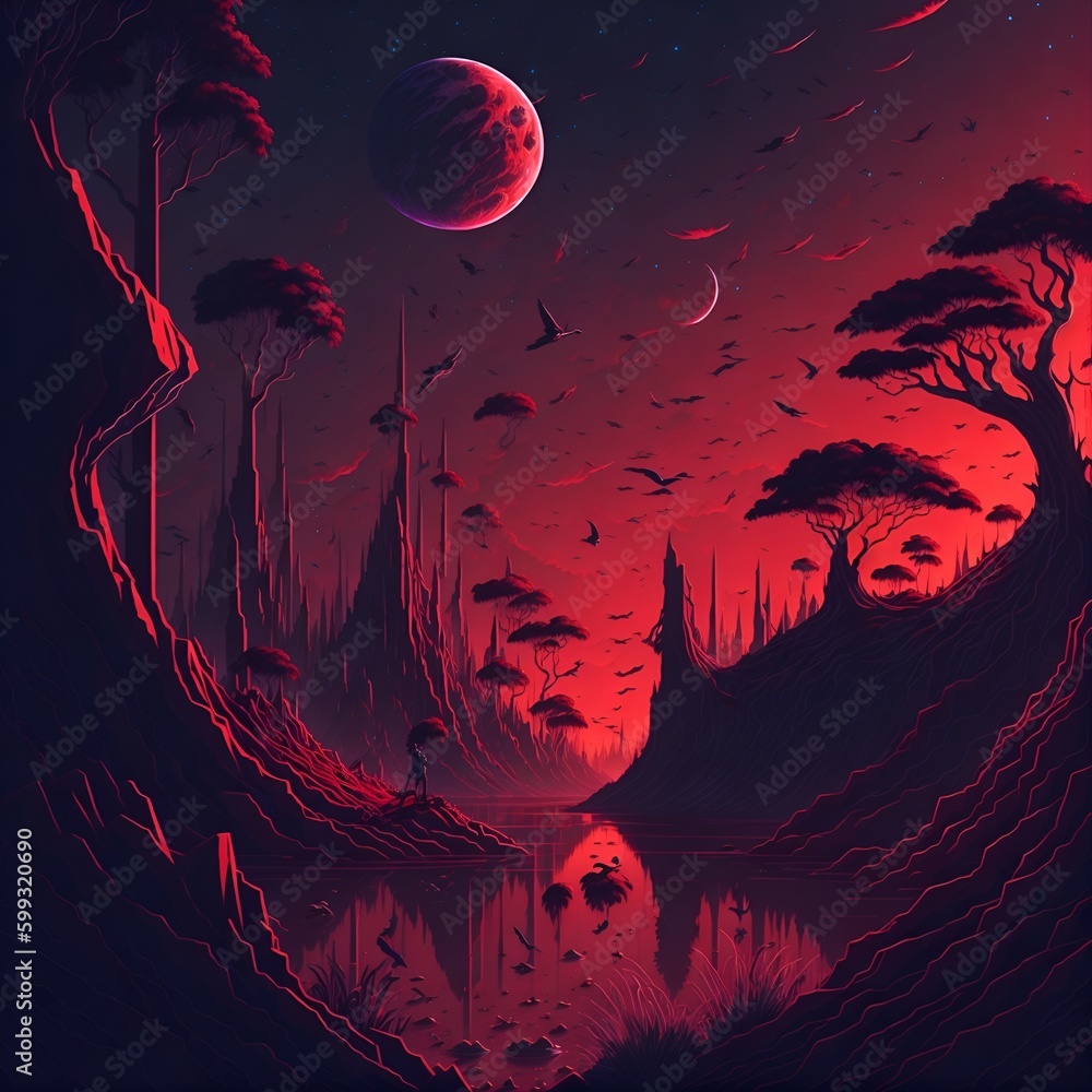 fantasy world red gradient sunset, floating islands, space view comets ...