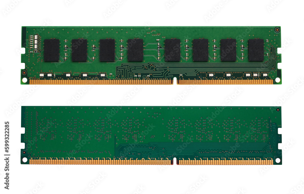 RAM for desktop computer motherboard front and back view on a ...