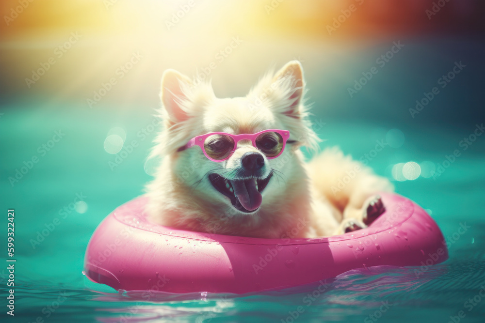Cute happy spitz dog relaxing in a swimming pool on a pool float ...