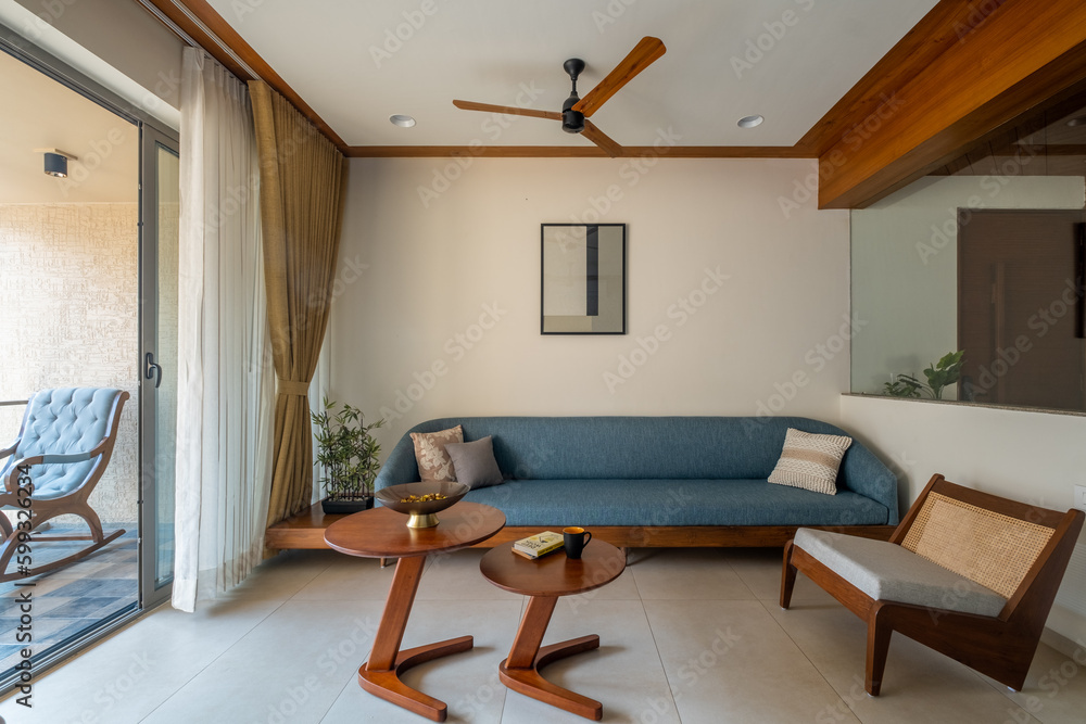 One point perspective shot of minimal interior design living space with ...