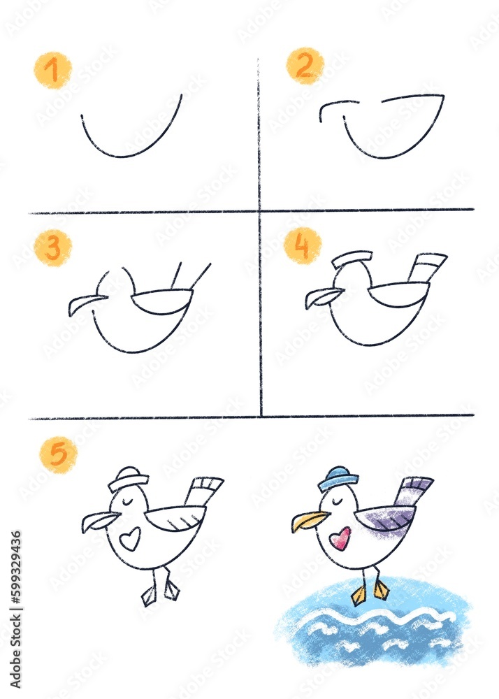 Step by step drawing of funny seagull. Coloring by sample. Easy level ...