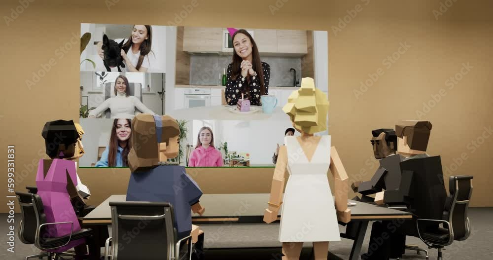 People communicate in metaverse. Office workers meet and talk in a ...