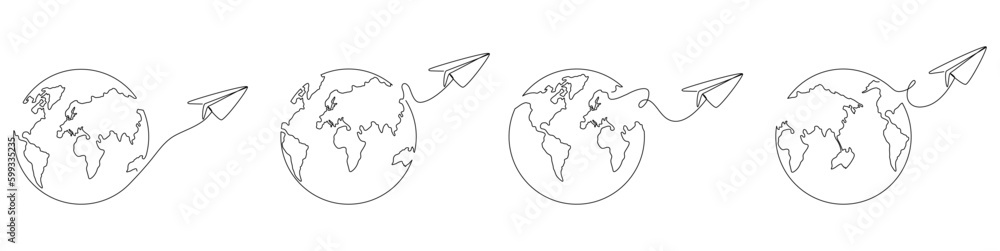 World map with flying paper airplane one line art set. Continuous Earth ...