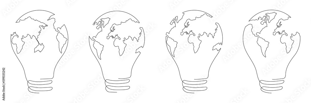 Lightbulb with Earth map one continuous line drawing set. Vector ...