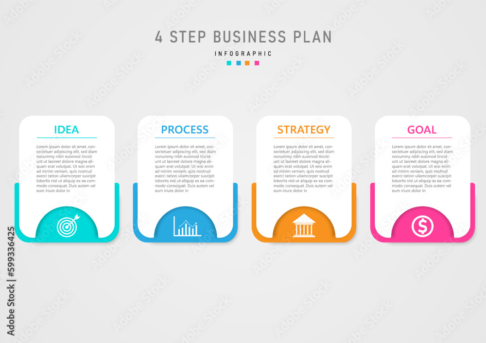 simple infographic template 4 steps of business planning for success, multi-colored squares and ...