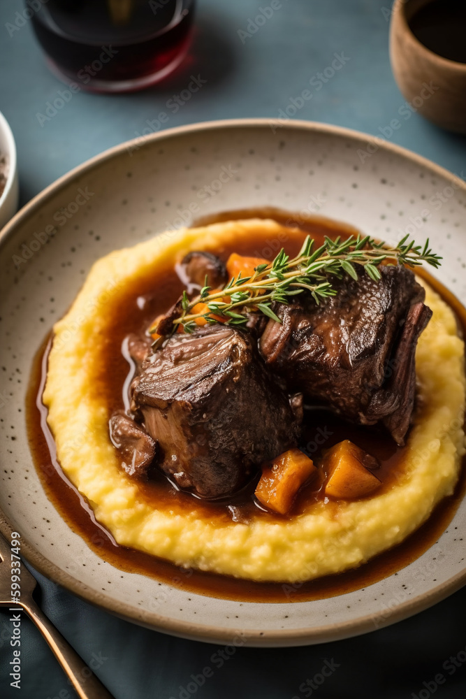 Slow cooker red wine braised beef short ribs on a bed of polenta with ...