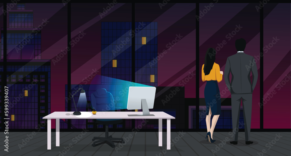 Office room vector background with night scene. People looking out of ...