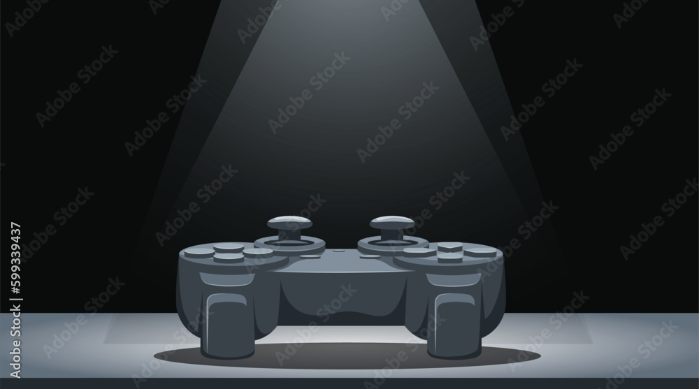 Game controller on a table in grey color. Background for gamers. Empty ...