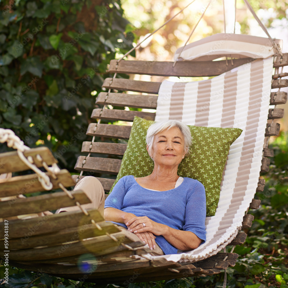 Elderly, woman and sleep on hammock during retirement and relax on ...