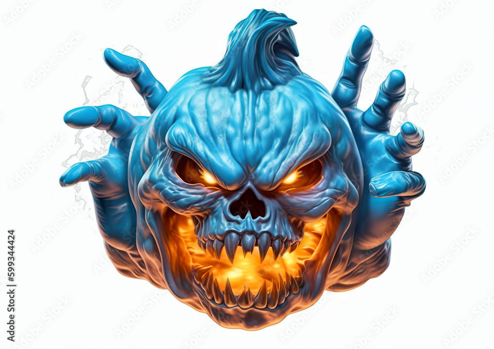 Between blue zombie hands is a carved pumpkin with a creepy face that ...