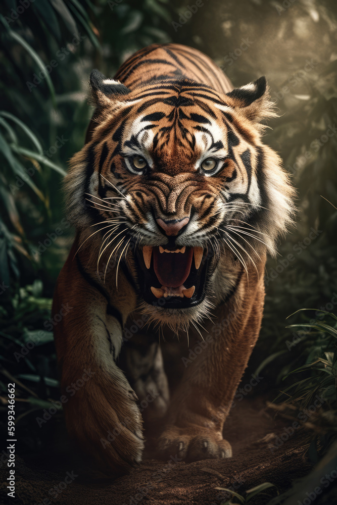 ภาพประกอบสต็อก Wild tiger roaring aggressively. Jungle forest ...