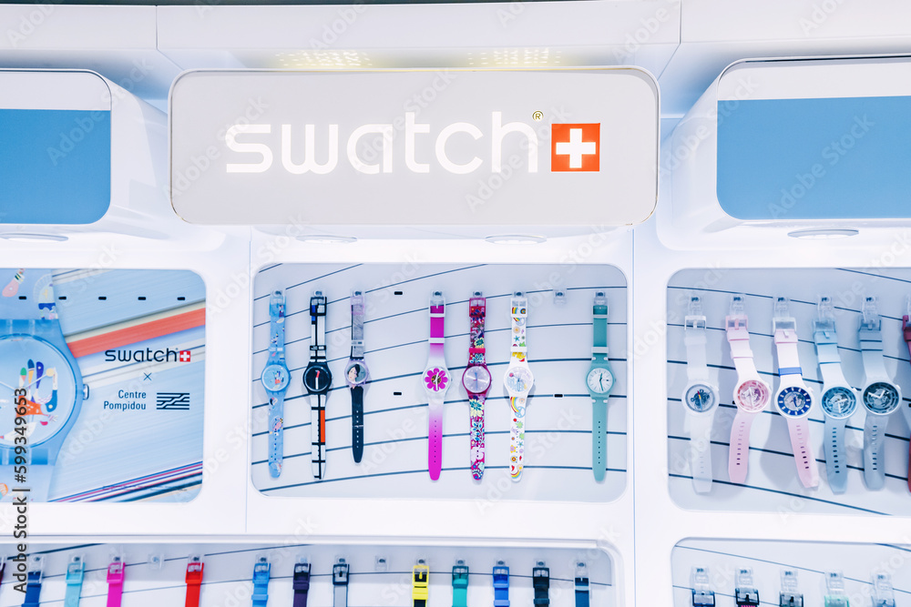 20 January 2023, Dubai, UAE: Watches of a famous Swatch swiss brand for ...