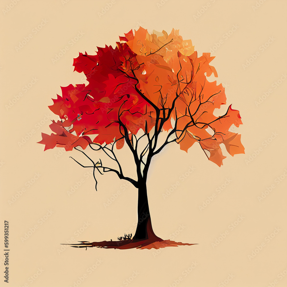 Autumn red tree in a watercolor style illustration. A stylized tree ...