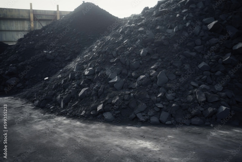 Big heap of dark black lump coal on floor bulk. Charcoal sorage at ...