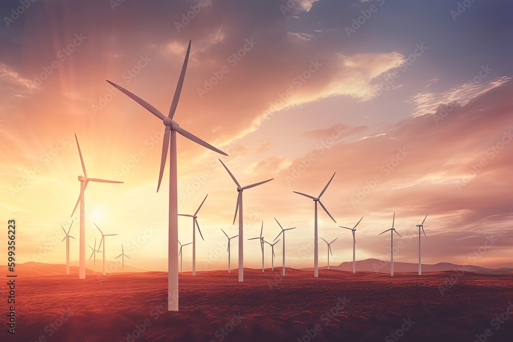 Panoramic view of wind farm or wind park, with high wind turbines for ...