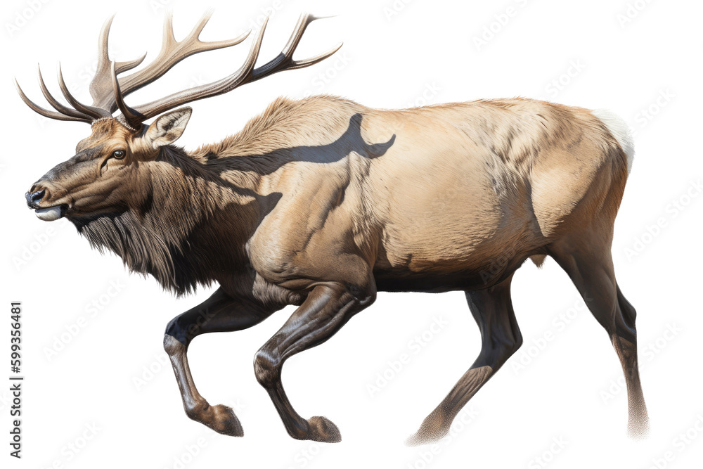 an isolated Bull Elk running with large antlers, strong and muscular ...