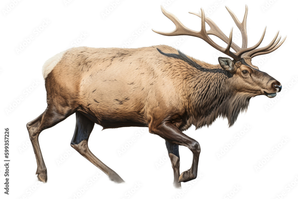 an isolated Bull Elk running with large antlers, strong and muscular ...