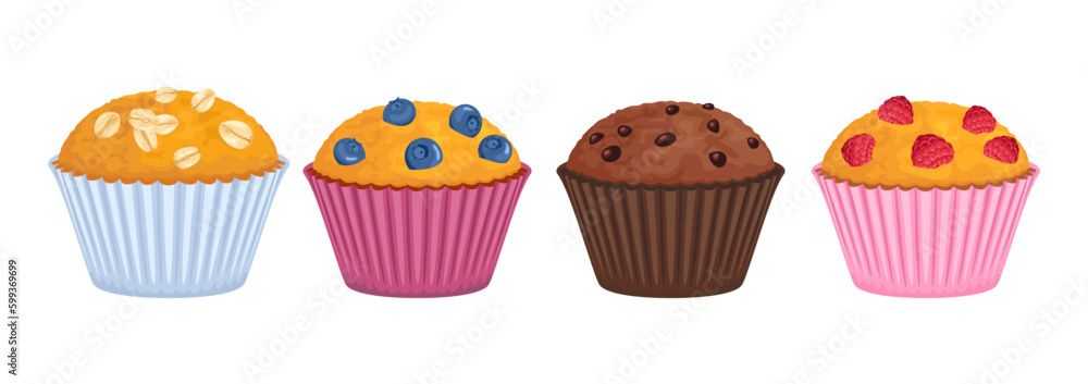 Set of different muffins isolated on white background. Chocolate ...