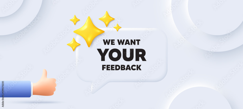 Vetor de We want your feedback tag. Neumorphic background with chat ...