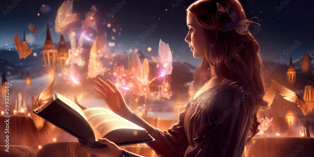 young girl holding a book that radiates with light, with characters and ...