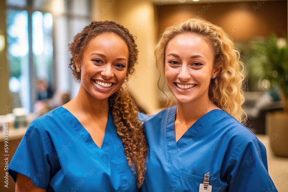 Smiling beautiful female healthcare workers looking at the camera ...