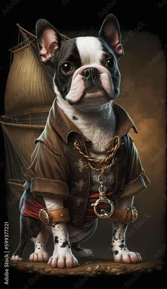 Dog dressed like a pirate, pirate ship background, digital art ...