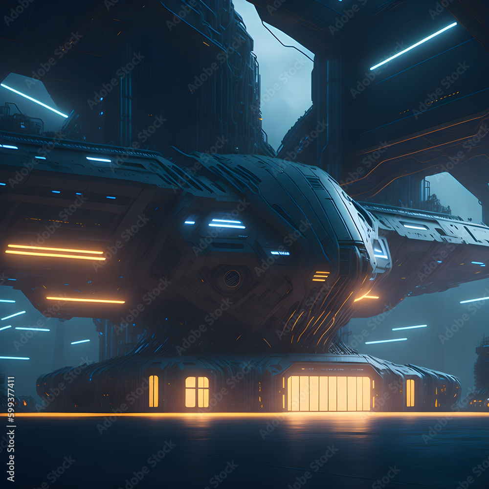 Sci-fi Futuristic Alien Mothership Landing Hangar Hi-tech Industrial ...