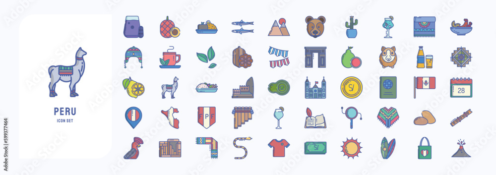 A Collection Sheet Of Linear Color Icons For Peru Including Icons Like Anchovy Bear Cactus