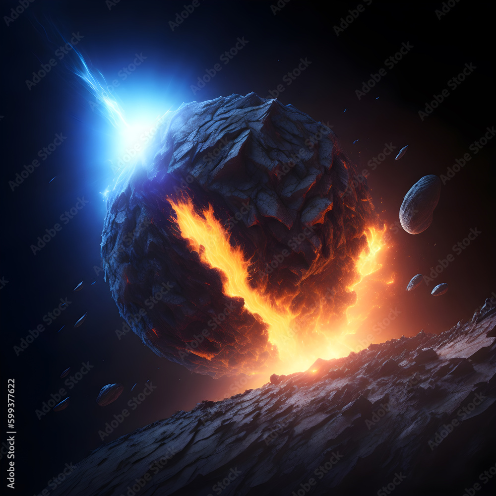 Sci-fi Futuristic Big Rock Asteroid Inpact Planet Surface Crash Flames ...