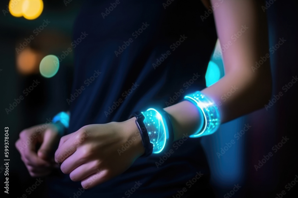 Futuristic smart device with glowing hologram display on human hand ...
