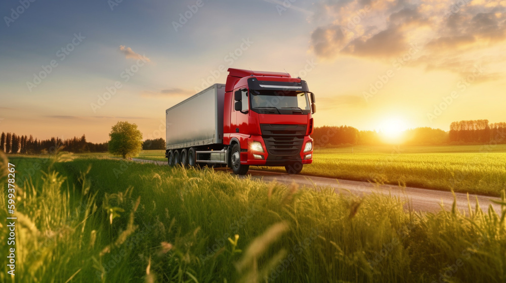 Modern European Truck riding through the greenery at sunset. Modern ...