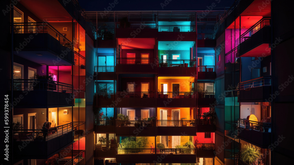 Bright colorful windows pattern at night. Front view facade of ...