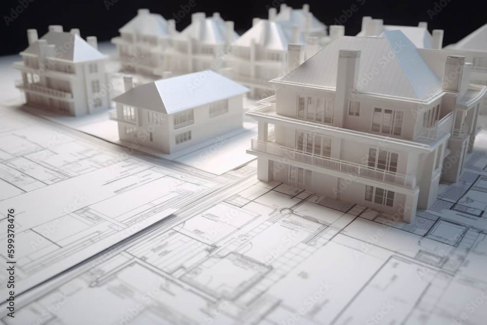 Model of house building standing on architectural plan. Technical ...