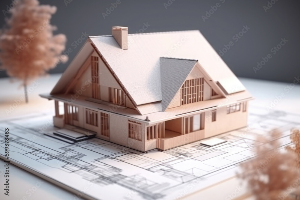 Model of house building standing on architectural plan. Technical ...