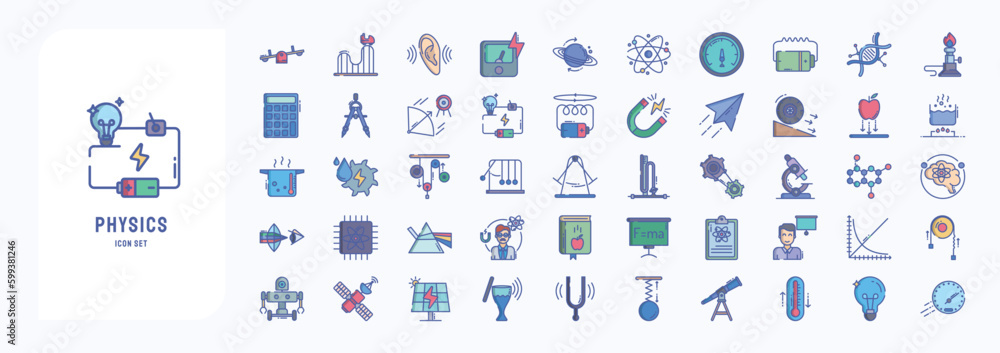A collection sheet of linear color icons for Physics and science ...
