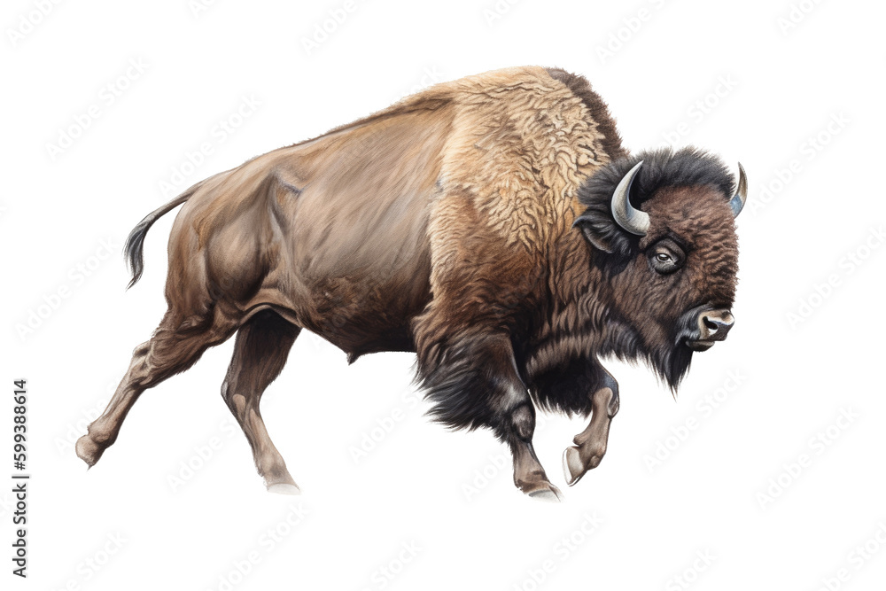 Bull Bison, Buffalo, running, 3/4, and side view, American icon, indian ...