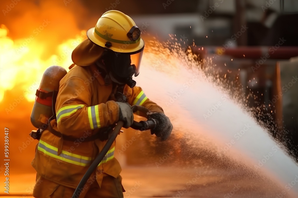 Firefighter fighting with flame using fire hose chemical water foam ...