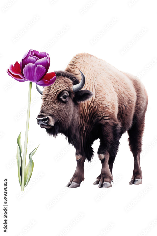 an isolated calf Bison/Buffalo portrait, with magenta tulip ...