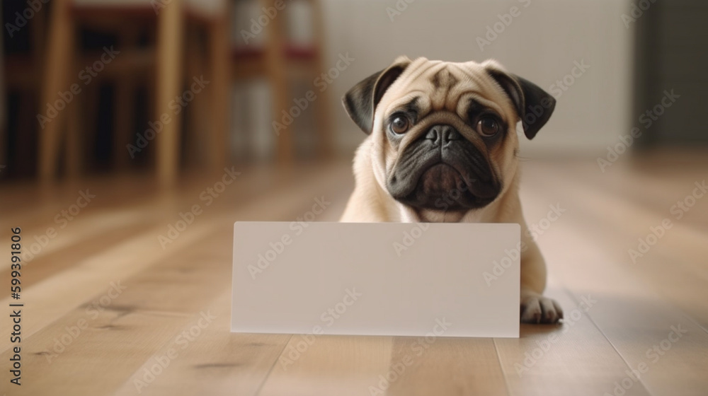 Cute dog holding blank sign on beautiful wood floor in studio ...