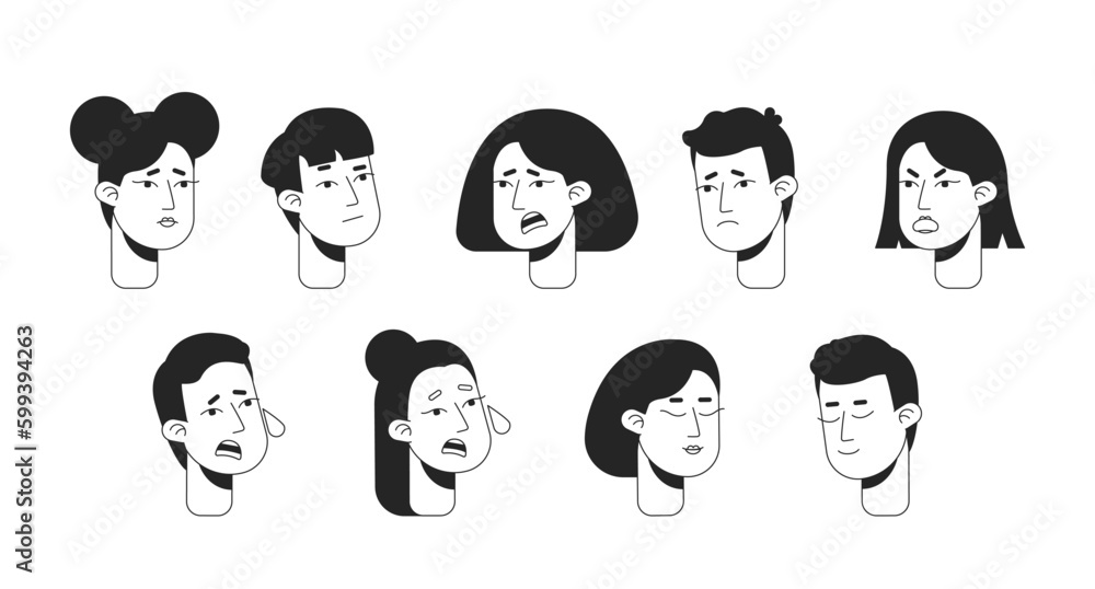 Feeling overwhelmed flat line monochromatic vector character heads pack ...