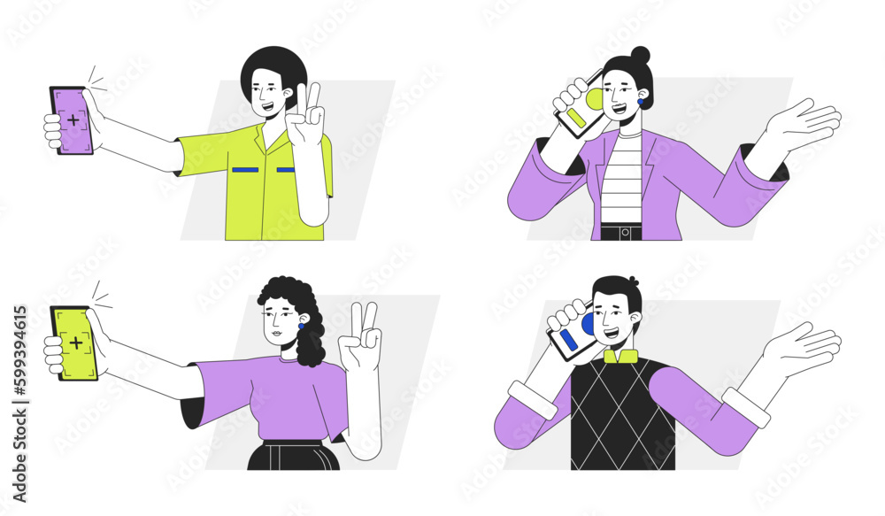 Using smart phone flat line vector spot illustration set. Taking selfie ...