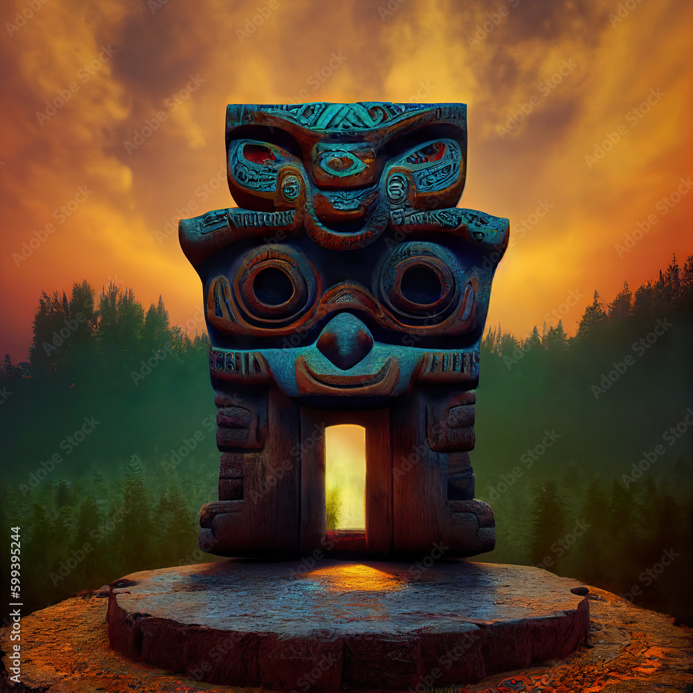 Totem stone sculpture of the Mayan tribe. Fictional illustration ...