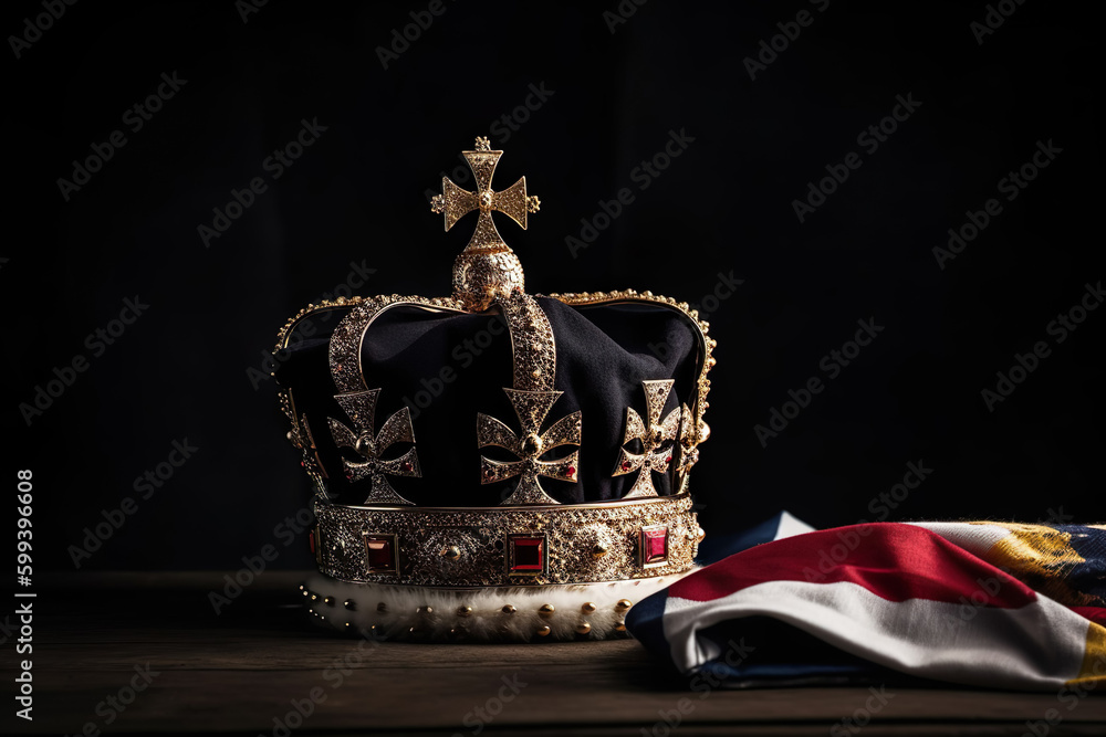 The Royal Coronation Crown. British flag and king crown on dark ...