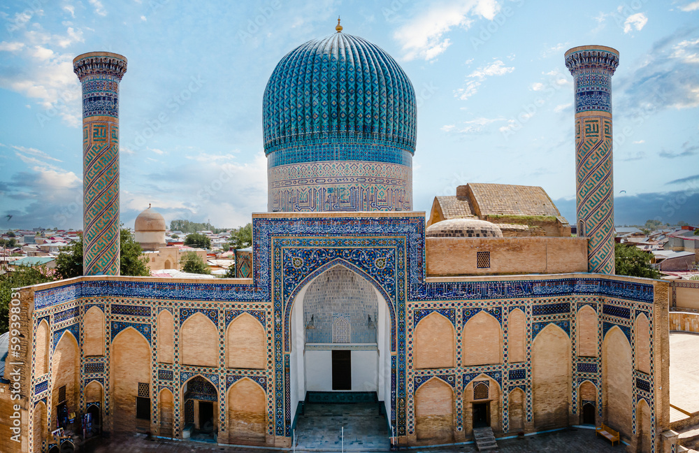 Samarkand, Uzbekistan aerial view of Gur-e-Amir - a mausoleum of the ...