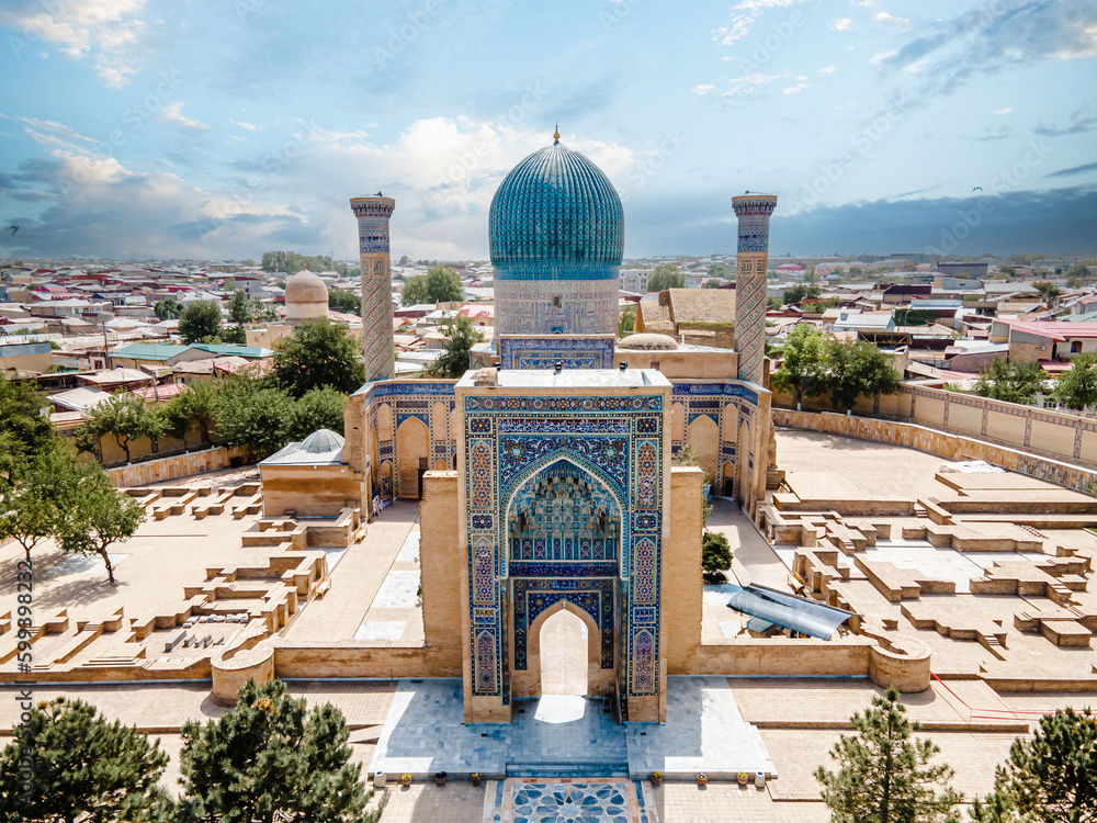 Samarkand, Uzbekistan aerial view of Gur-e-Amir - a mausoleum of the ...