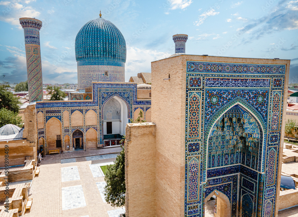 Samarkand, Uzbekistan aerial view of Gur-e-Amir - a mausoleum of the ...