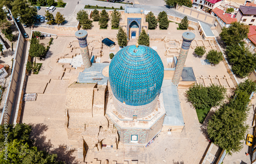 Samarkand, Uzbekistan aerial view of Gur-e-Amir - a mausoleum of the ...