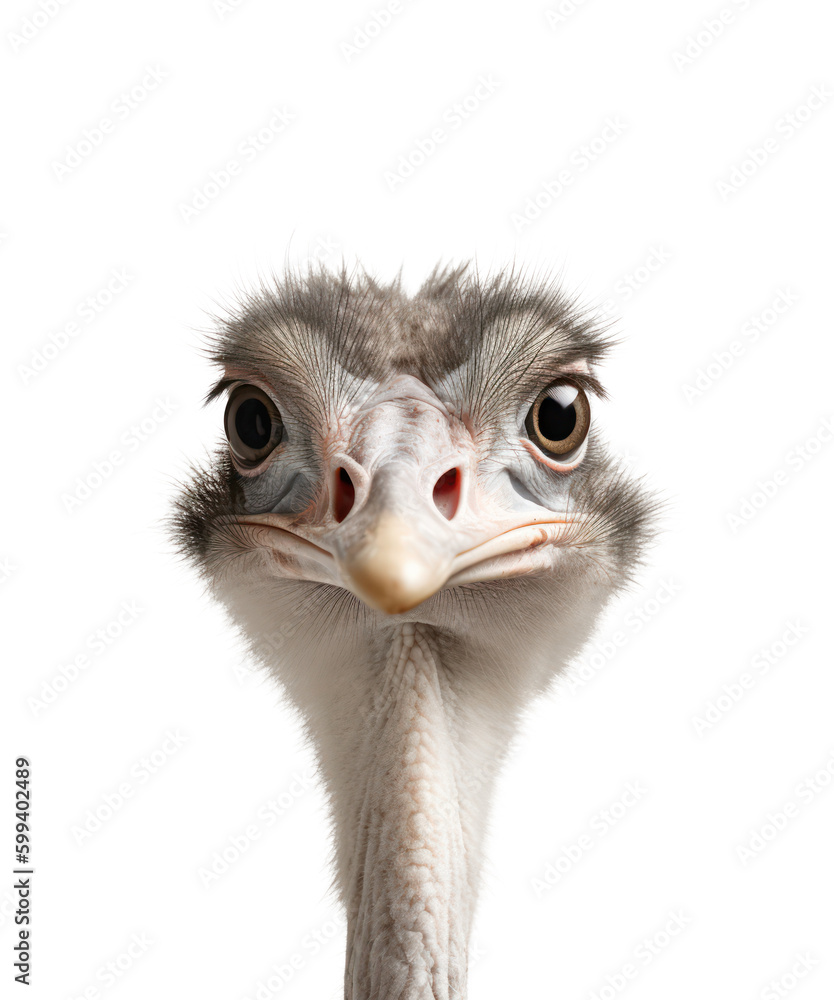 funny portrait of an ostrich looking straight into the camera, head and ...