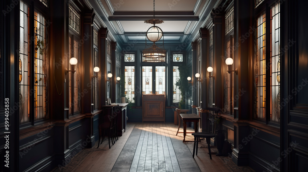A long hallway with a table and chairs. AI generative. Dark academia ...