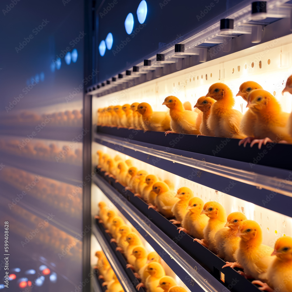 Cute yellow chicks sit on the shelves of incubator under the light ...